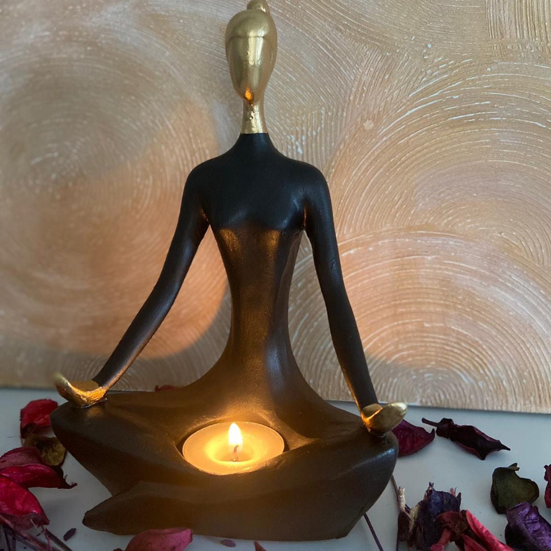 Black With Gold Detail Yoga Pose Statue Tealight Candle Holder, Woman ...