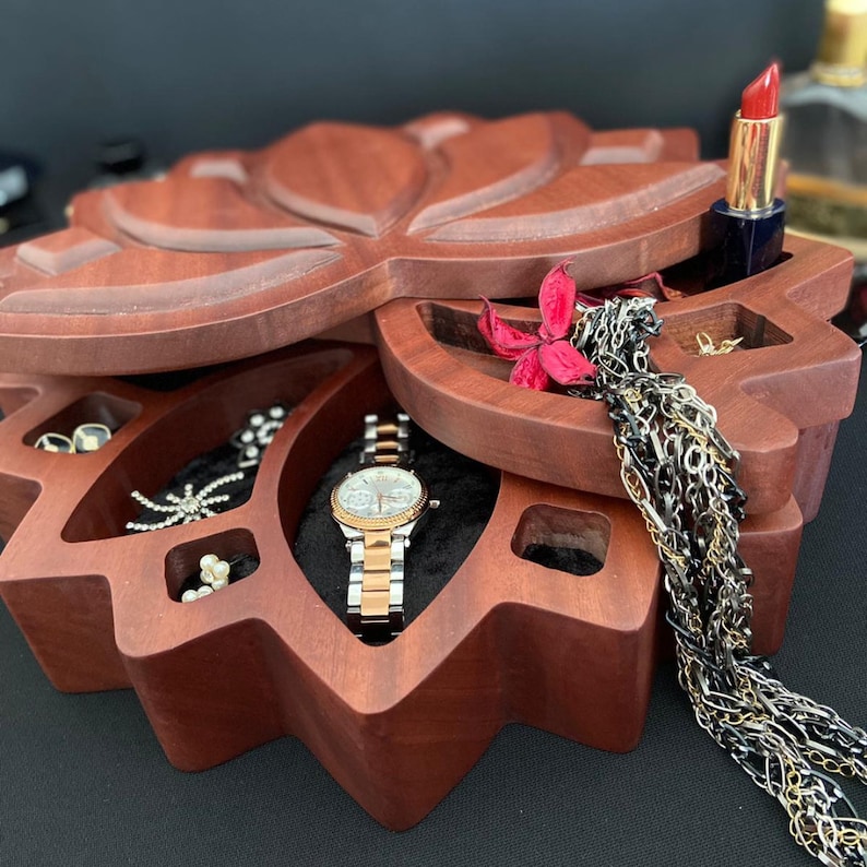 Wooden Lotus Flower Design Jewelry Box, Luxury Jewelry Organizer for ...