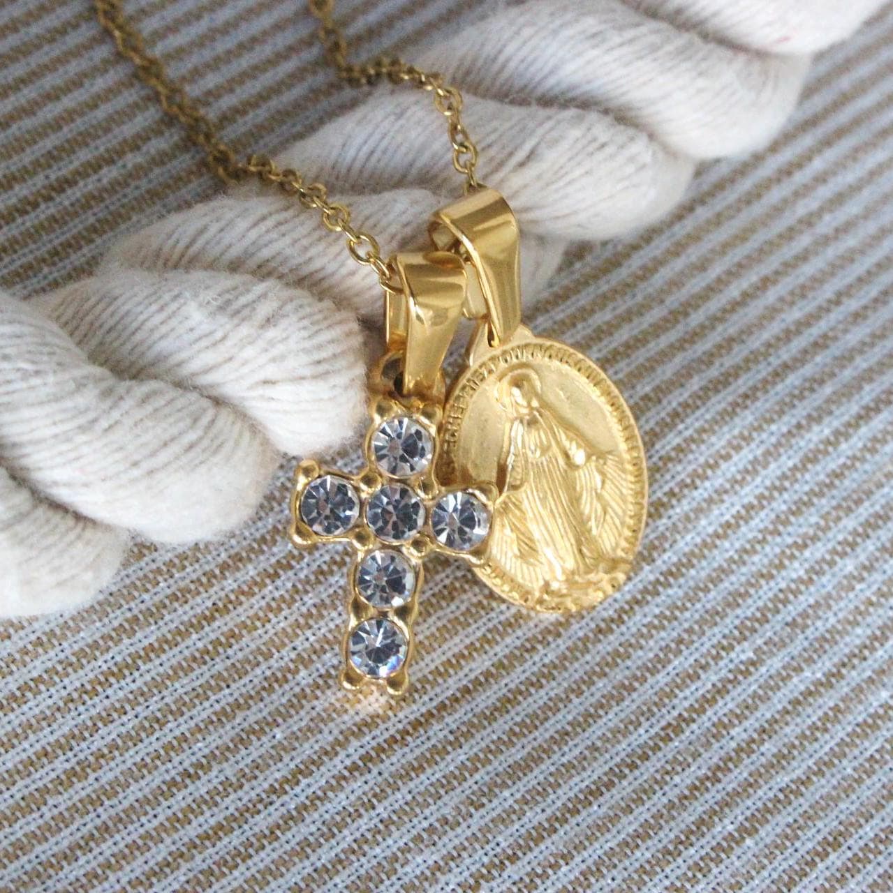 Small Diamond Cross and Virgin Mary Protection Necklace Dainty ...