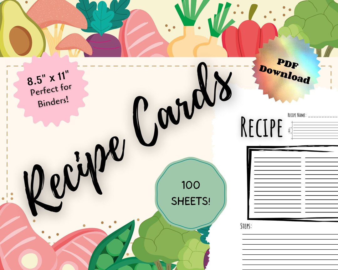 100 Printable Recipe Cards (PDF Download) - Perfect Size for Binders ...