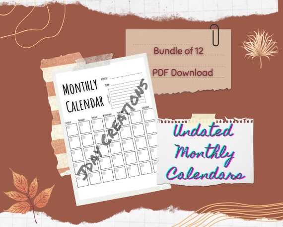 Undated Monthly Calendar Printable PDF Download | Etsy