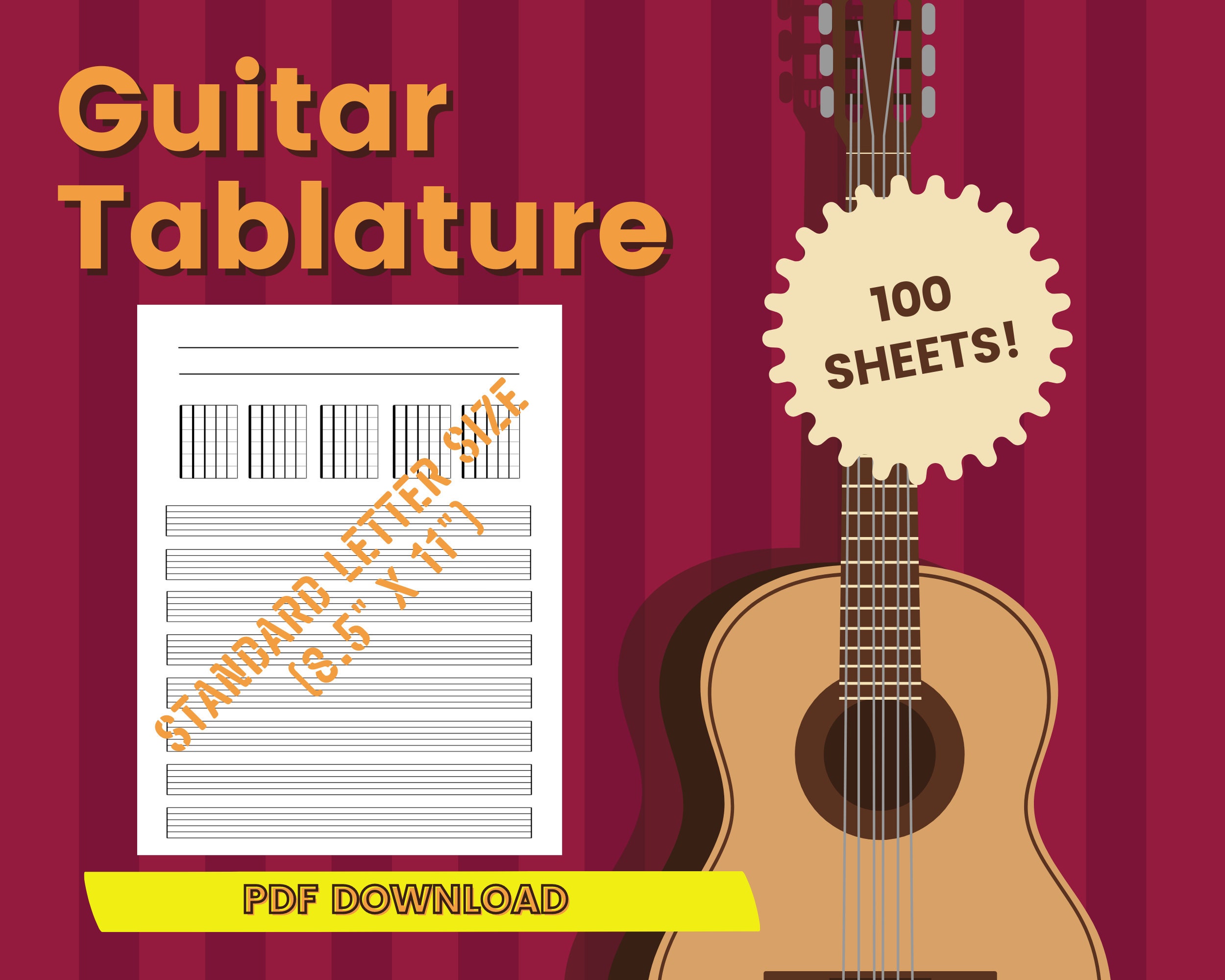 Blank Guitar Tabs 100 Sheets (PDF Download) - Etsy