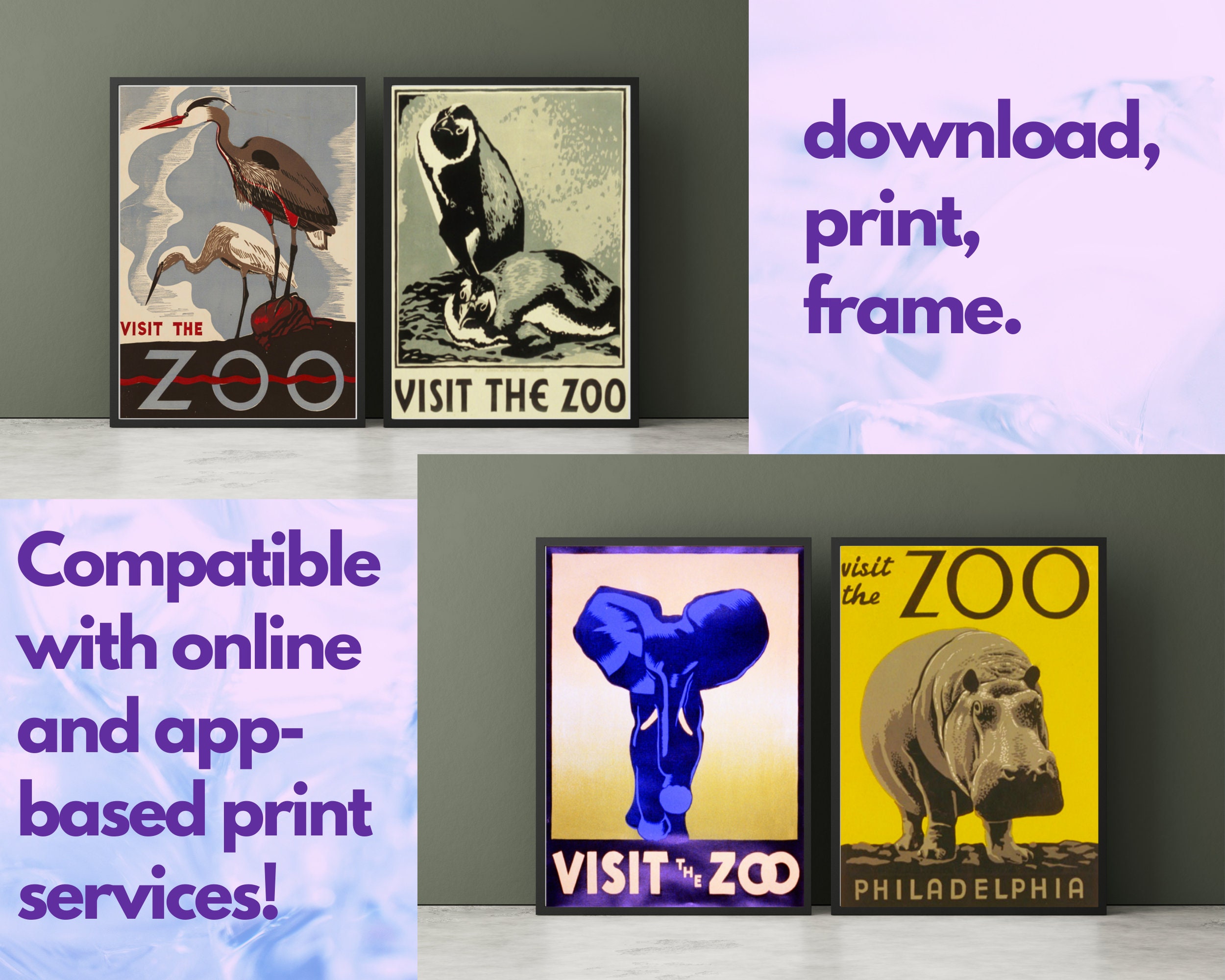 Set of 4 Vintage "visit the Zoo" Prints | Mid Century Mod Wall Art | Hi ...