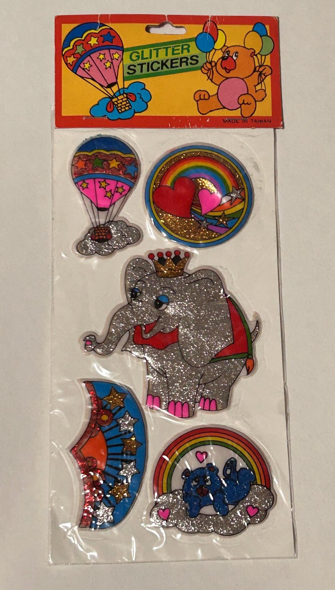 Vintage 80s Puffy Glitter Sticker Sheet Drowsy Elephant Silver Hot Air ...