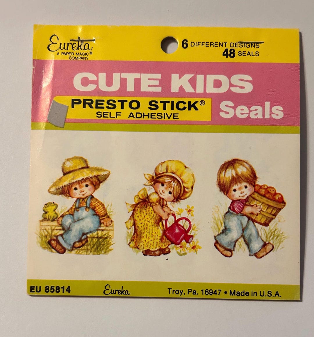 Vintage Eureka Sticker Seals 70s Presto Sticker Cute Kids Bonnets Straw ...