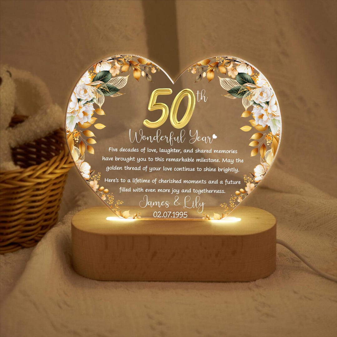 Custom 50th Anniversary Lamp Wooden Base, Golden Wedding Gifts, 50 Year ...