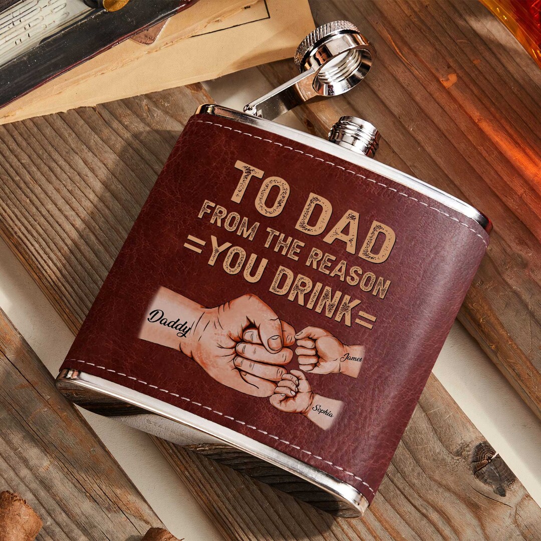 Custom Fist Bump Dad Kids Leather Flask, Father's Day Gift for Best Dad ...