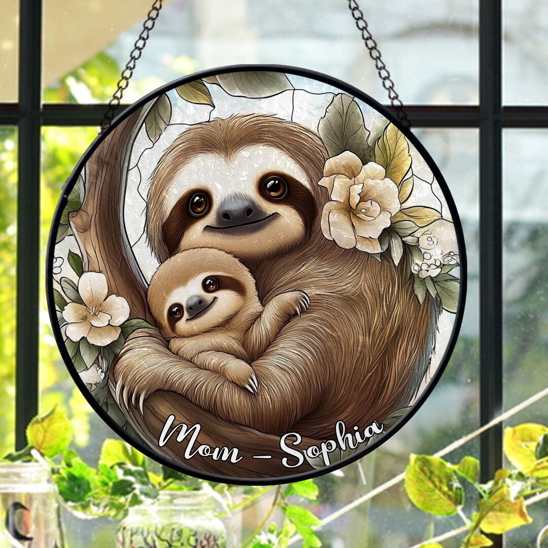 Personalized Mama Sloth Glass Suncatcher, Mama Sloth With Baby Sloth ...