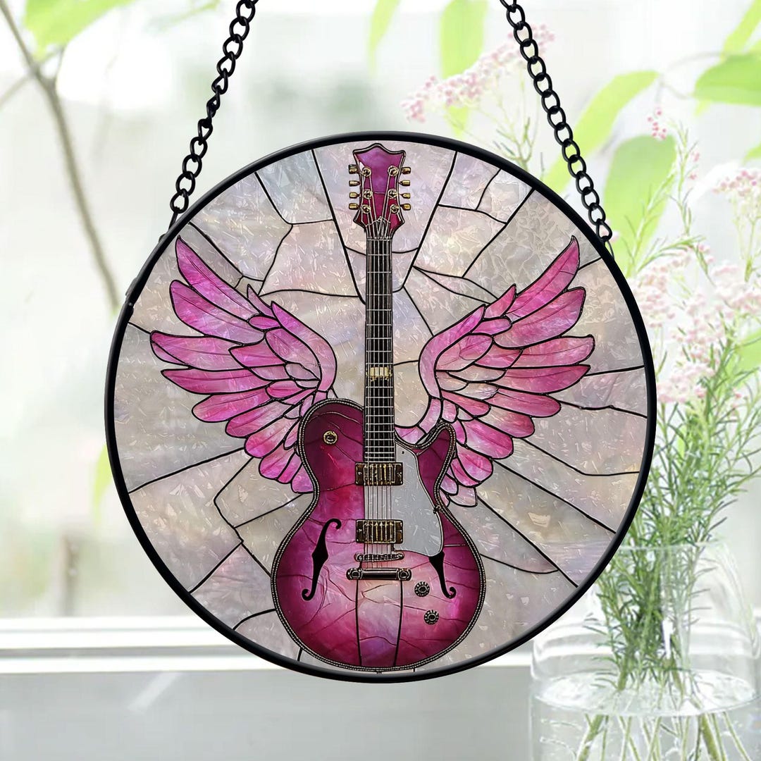 Pink Electric Guitar With Angel Wings Faux Stained Glass Suncatcher ...
