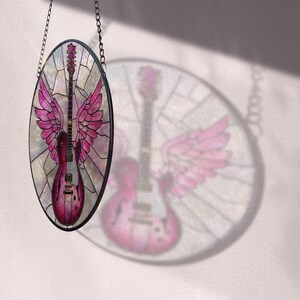 Pink Electric Guitar With Angel Wings Faux Stained Glass Suncatcher ...
