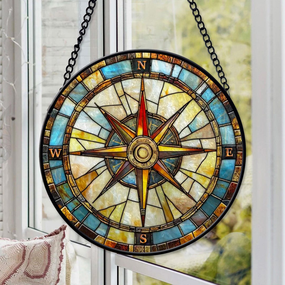 Faux Stained Glass Vintage Compass Suncatcher, Compass Glass Art ...