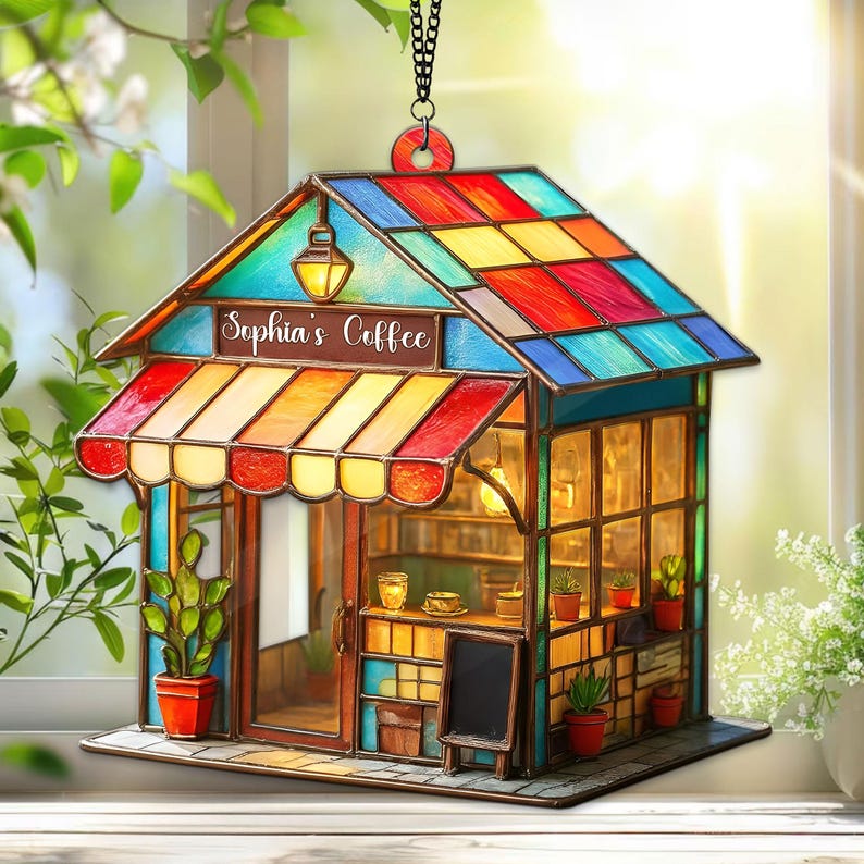 Faux Stained Glass Coffee Shop Suncatcher, Custom Acrylic Café Ornament ...