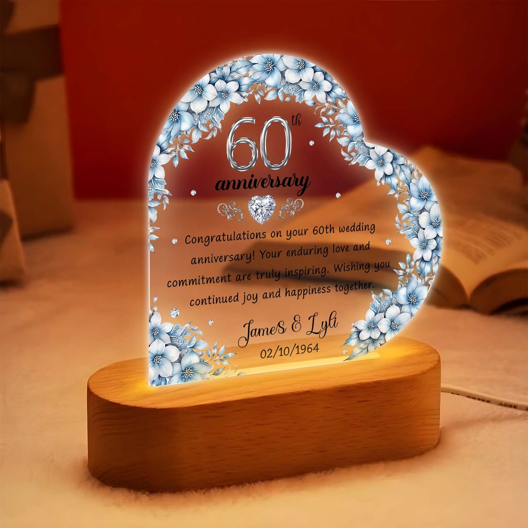60th Anniversary Wooden Base Lamp, Diamond Wedding Gifts, 60th ...