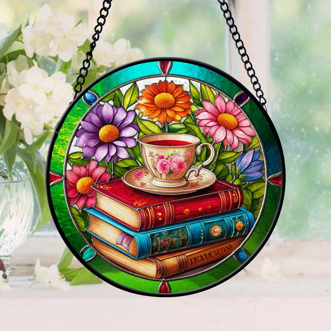 Floral Book Stack With Tea Faux Stained Glass, Book Stack Suncatcher ...
