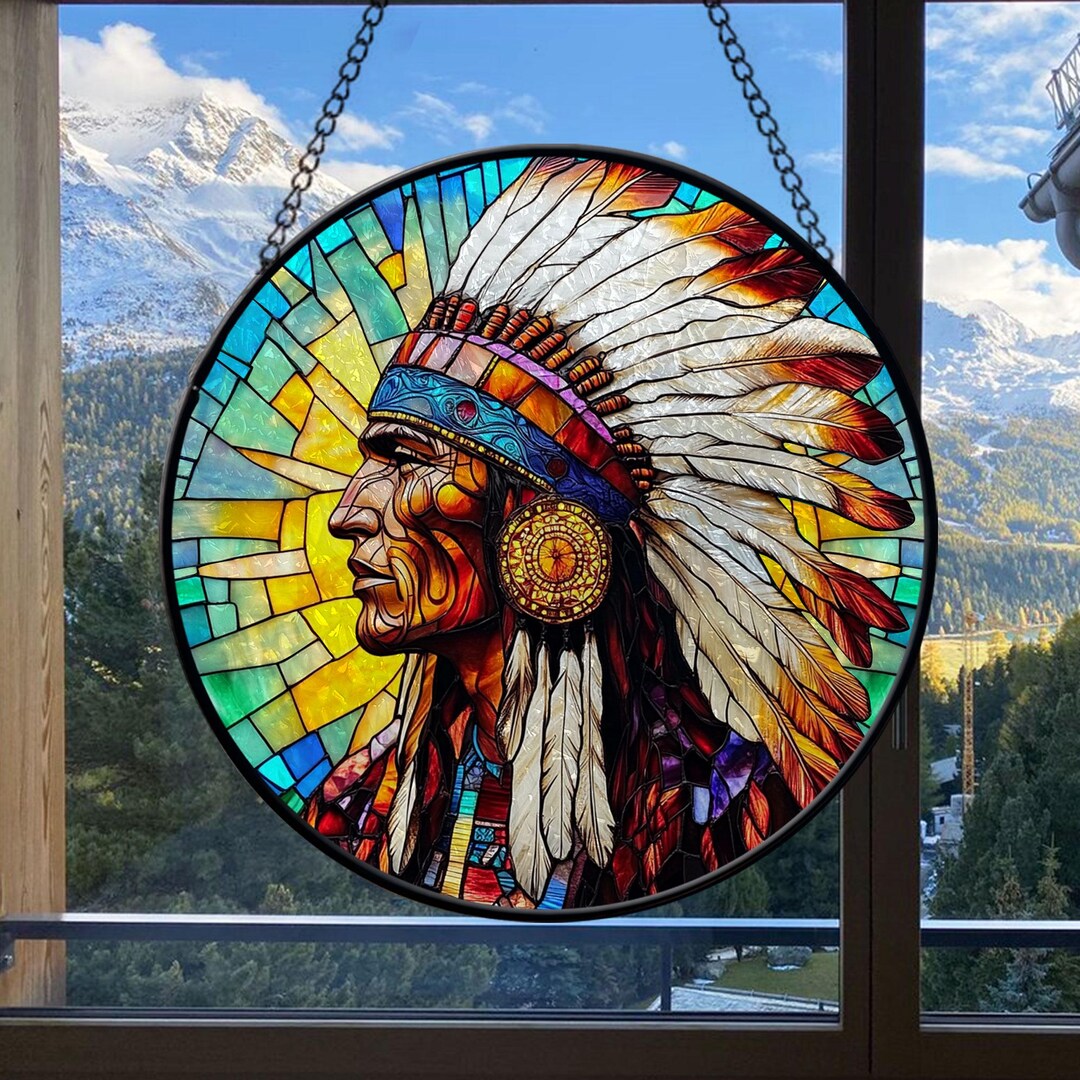 Native American Chief Faux Stained Glass Window Hanging, Handcrafted ...