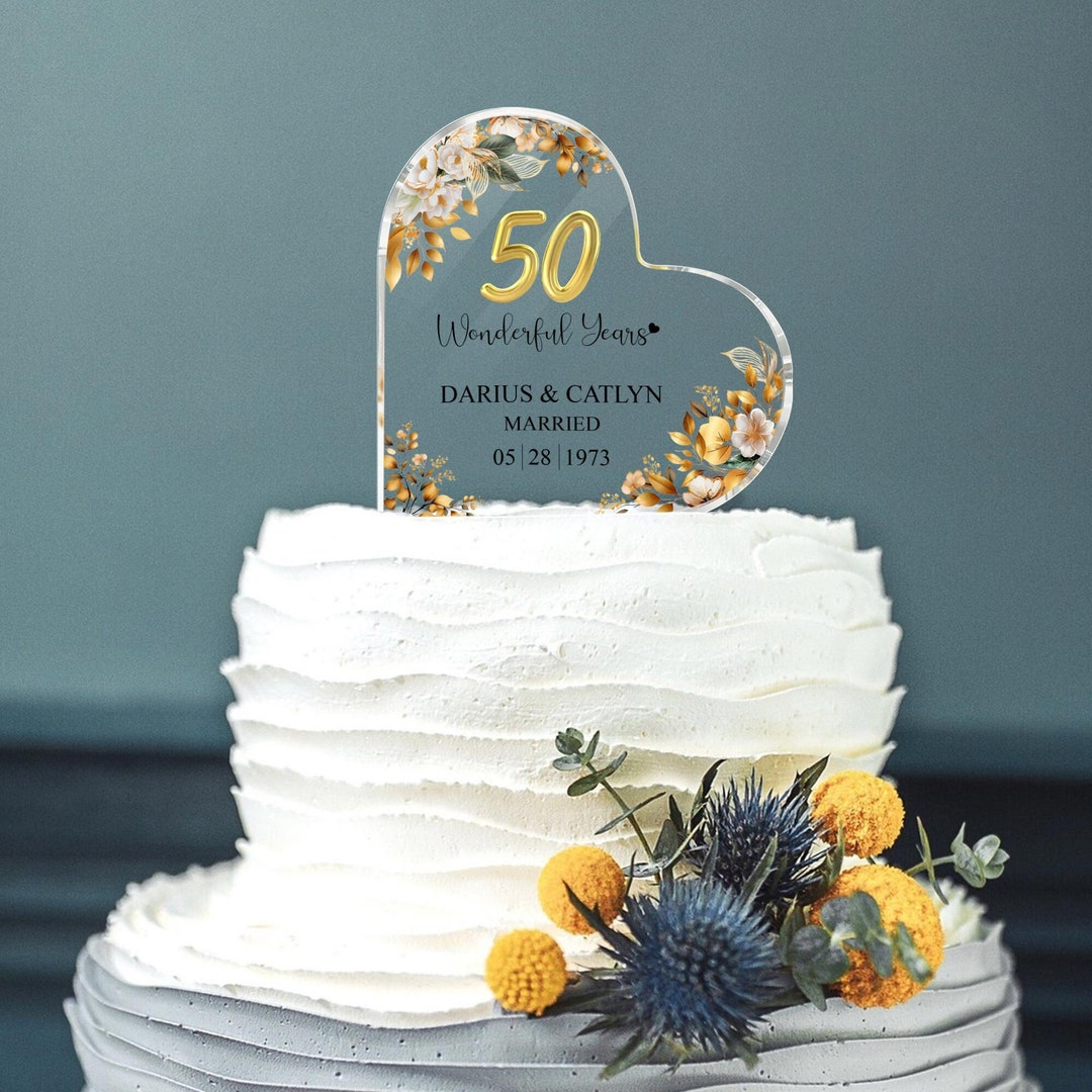 Personalized 50th Wedding Anniversary Cake Topper Heart Acrylic Plaque, Golden Anniversary Gifts ...