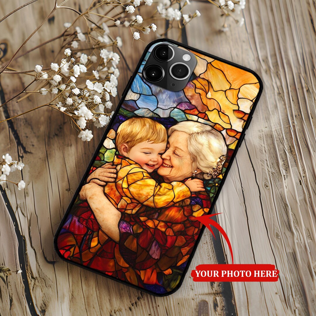 Custom Grandma With Grandkids Portrait Faux Stained Glass Phone Case ...