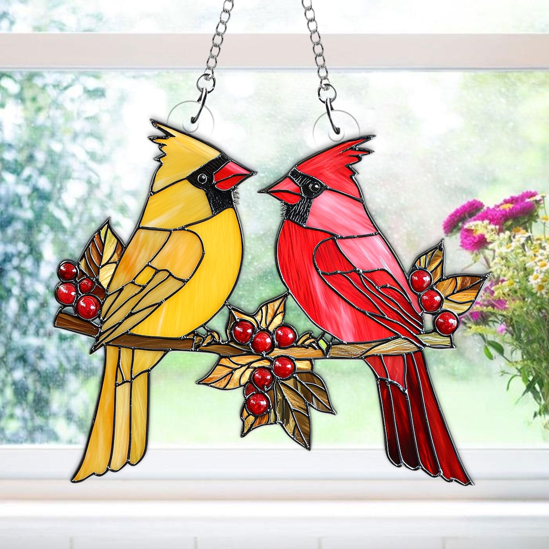 Couple Red and Yellow Cardinal Suncatcher, Cardinals Acrylic Window ...