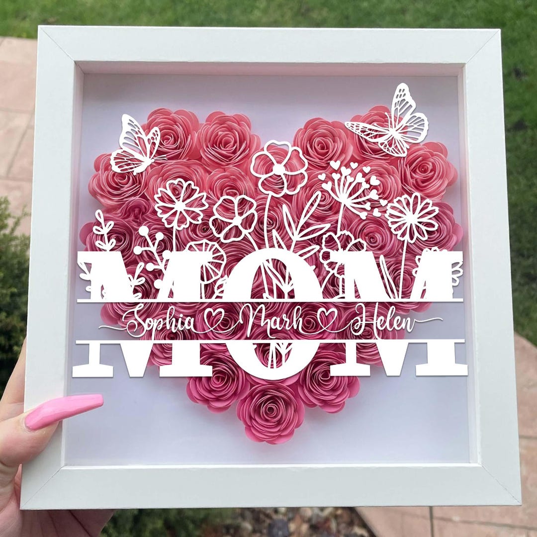 Personalized Flower Heart Shadow Box for Mom, Roses Shadowbox With ...