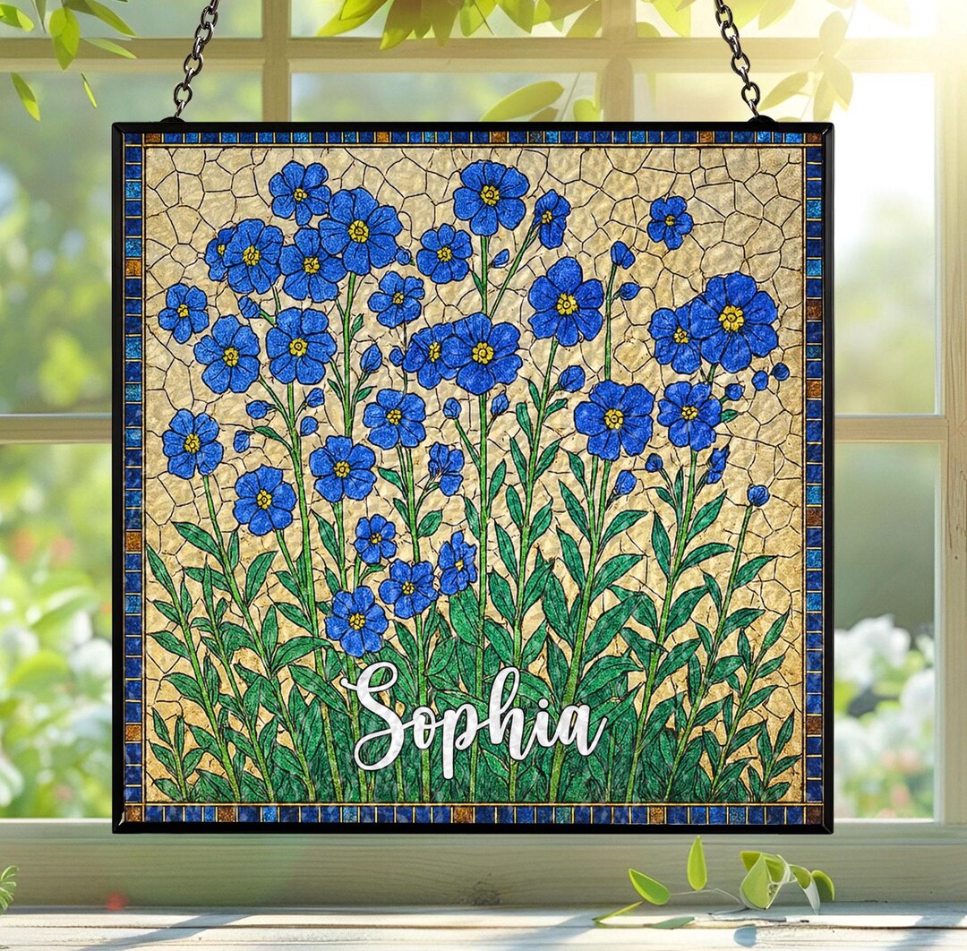 Custom Name With Forget Me Not Flowers Square Faux Stained Glass ...