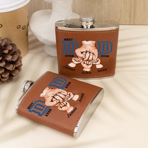 Custom Fist Bump Dad Kids Leather Flask, Father's Day Gift for Best Dad ...