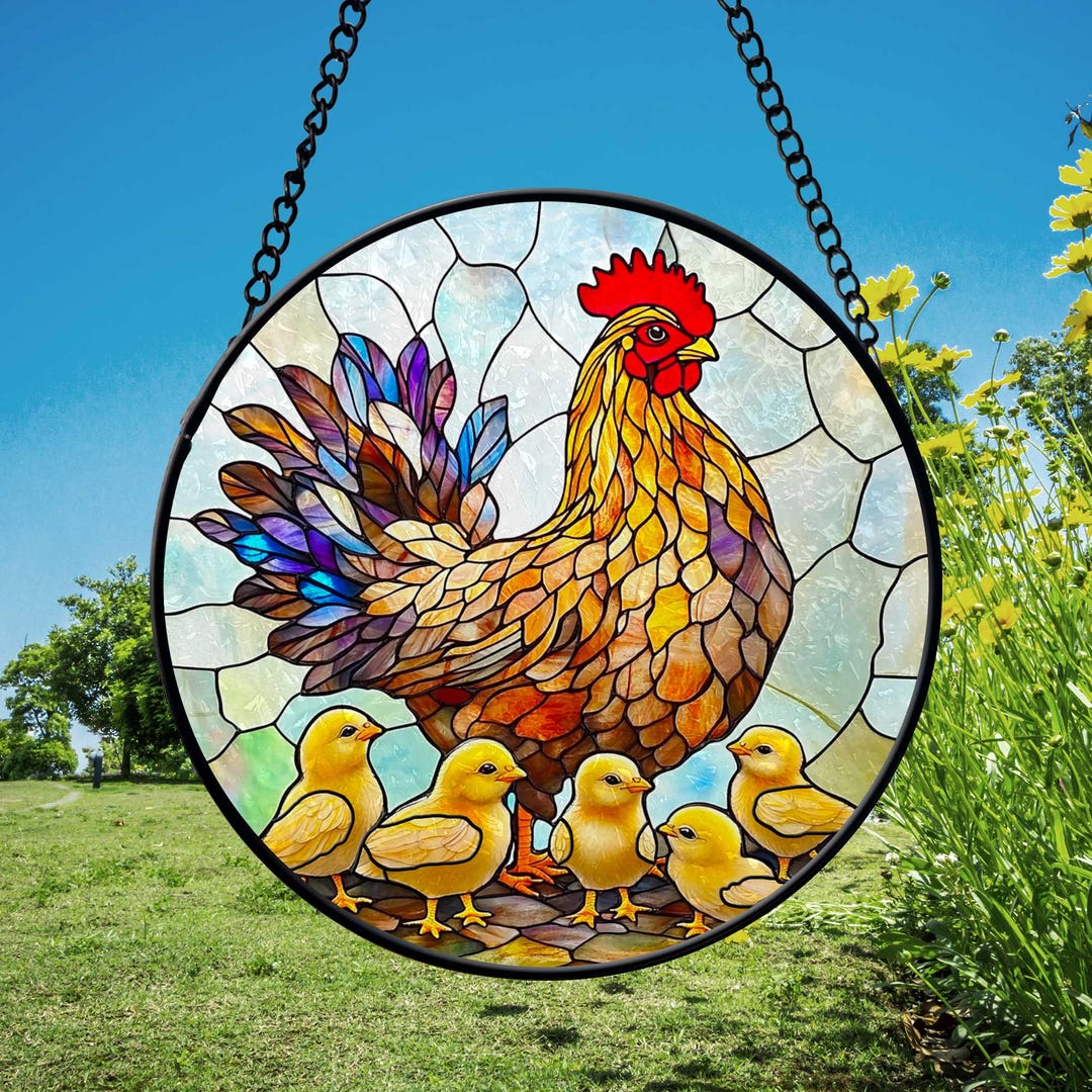 Hen and Chicks Faux Stain Glass Suncatcher, Chicken and Chicks Ornament ...