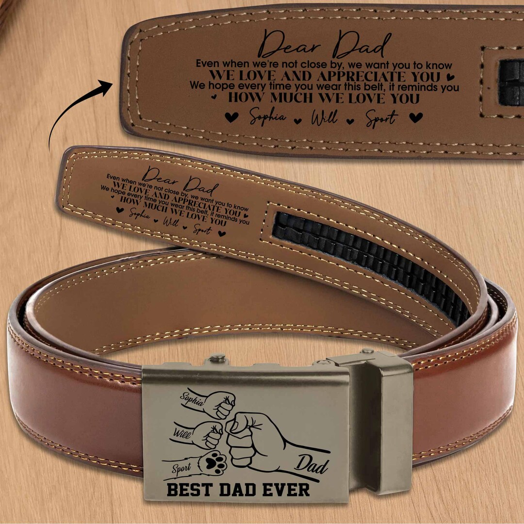 Custom Fist Bump Dad Kids Pet Leather Belt, Father's Day Gift for Dad ...