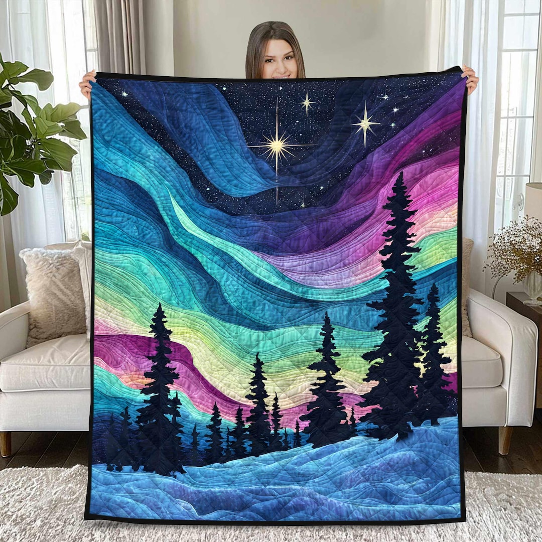 Northern Lights Quilted Blanket, Aurora Borealis Quilt, Galaxy Night Sky Blanket, Cozy Winter ...
