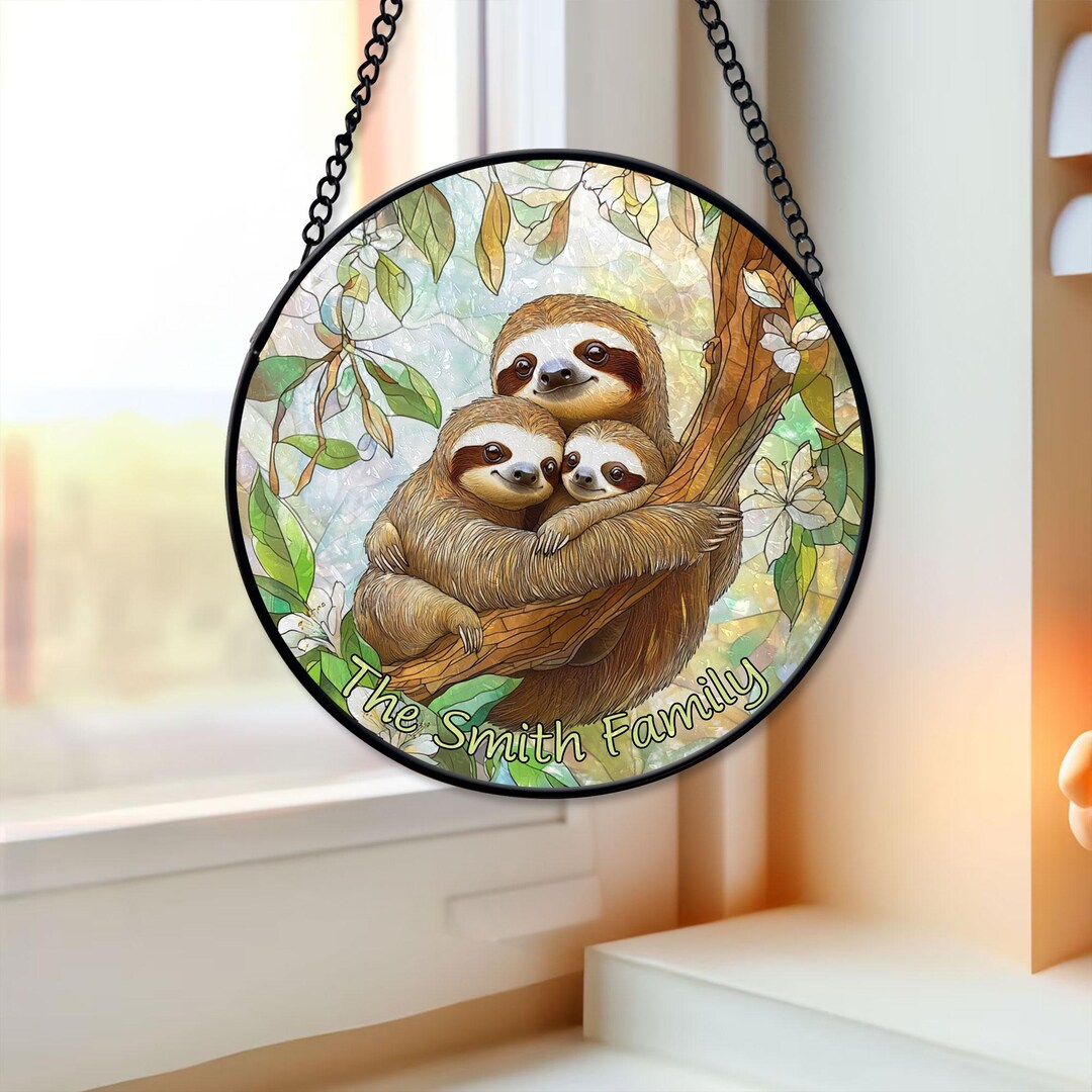 Custom Sloth Family Glass Suncatcher, Sloth Window Hanger, Mom Birthday ...