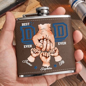 Custom Fist Bump Dad Kids Leather Flask, Father's Day Gift for Best Dad ...