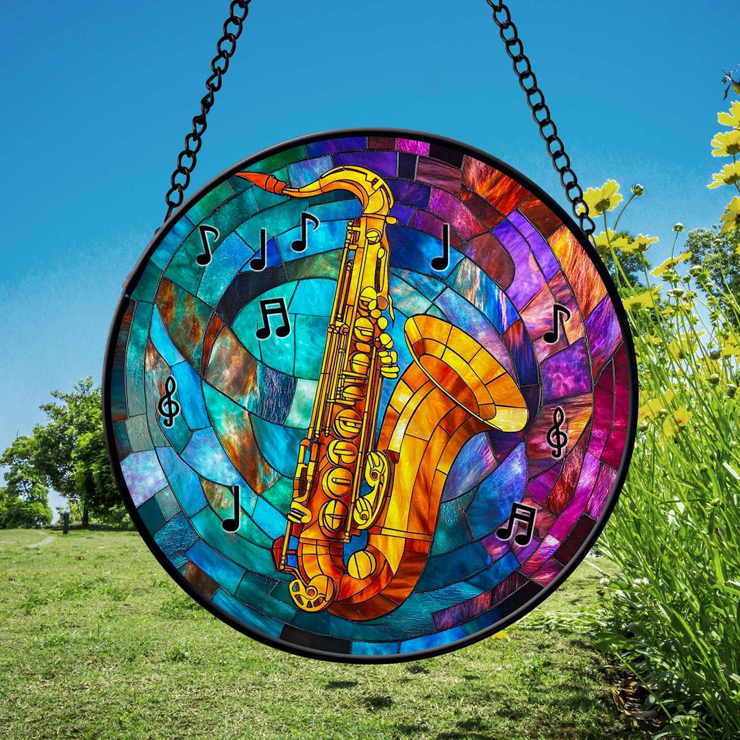Saxophone Faux Stained Glass Suncatcher Ornament, Tenor Saxophone ...