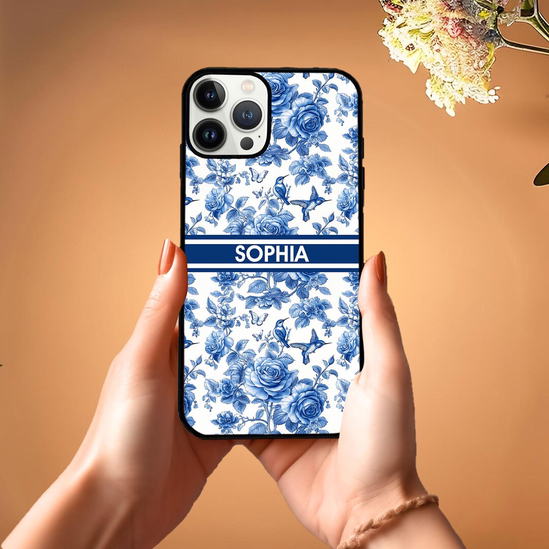 Personalized Blue Toile De Jouy Hummingbird Phone Case, French Toile ...