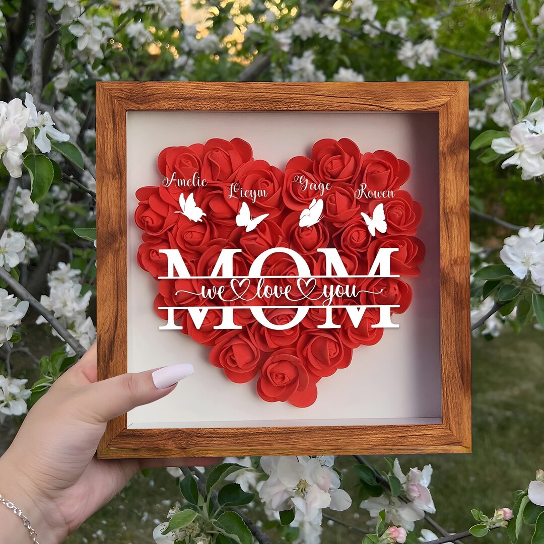 Personalized Mom With Kids Names Heart Flower Shadow Box, Birthday Mom ...