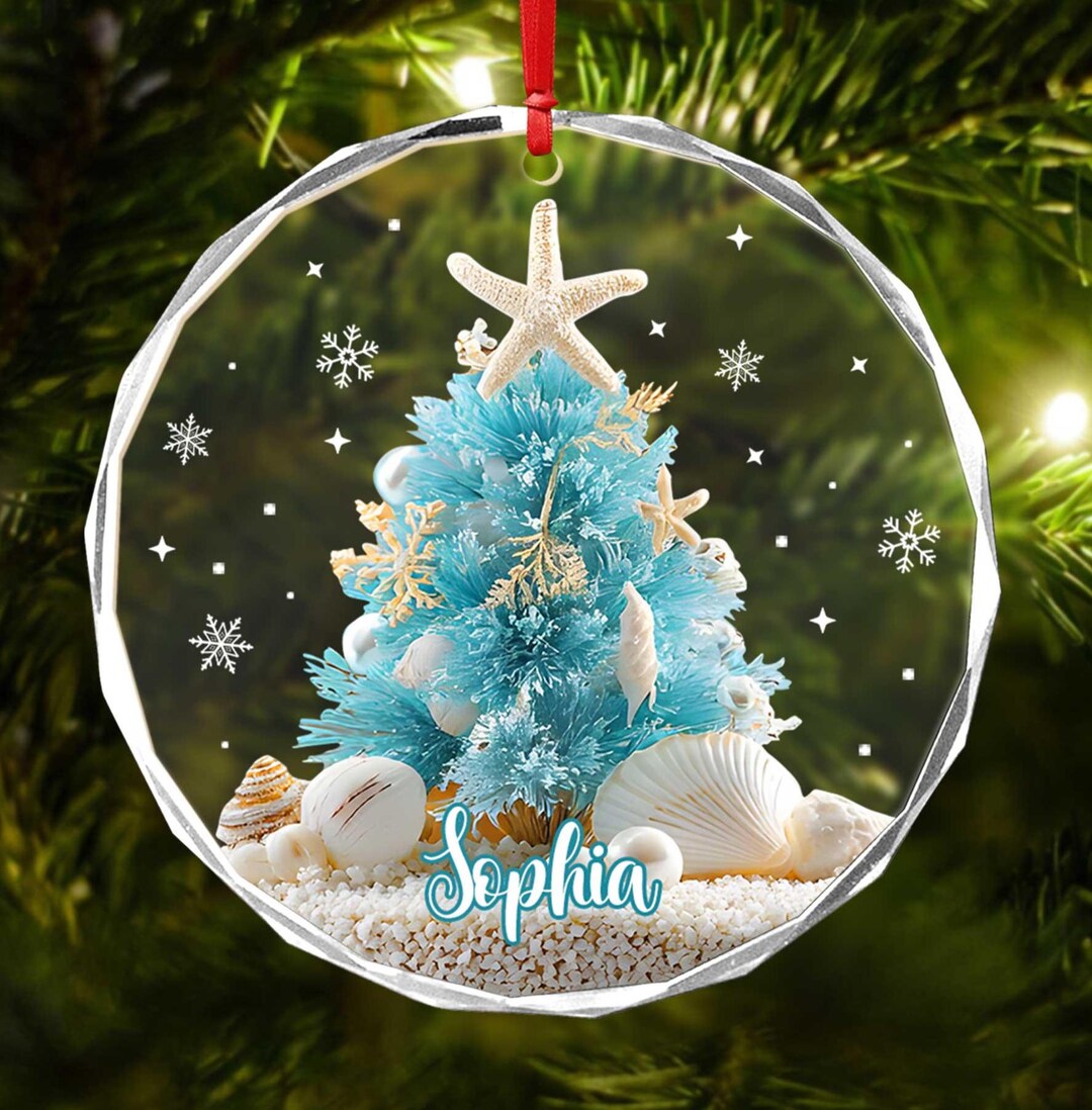 Personalized Sea Theme Christmas Ornament, Coastal Blue Tree With ...