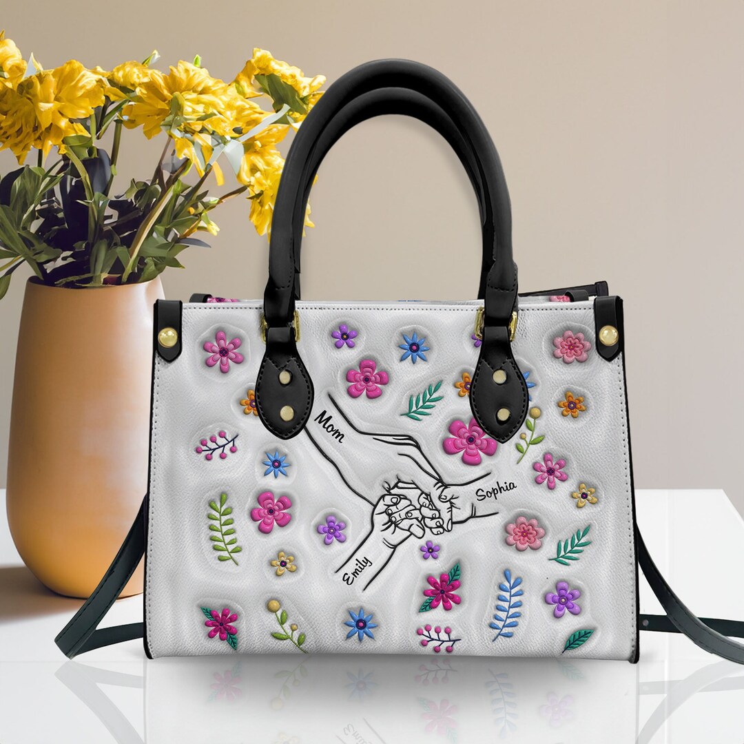 2D FLAT Custom Mom & Kids Names Faux Inflated Leather Handbag, Bags for ...