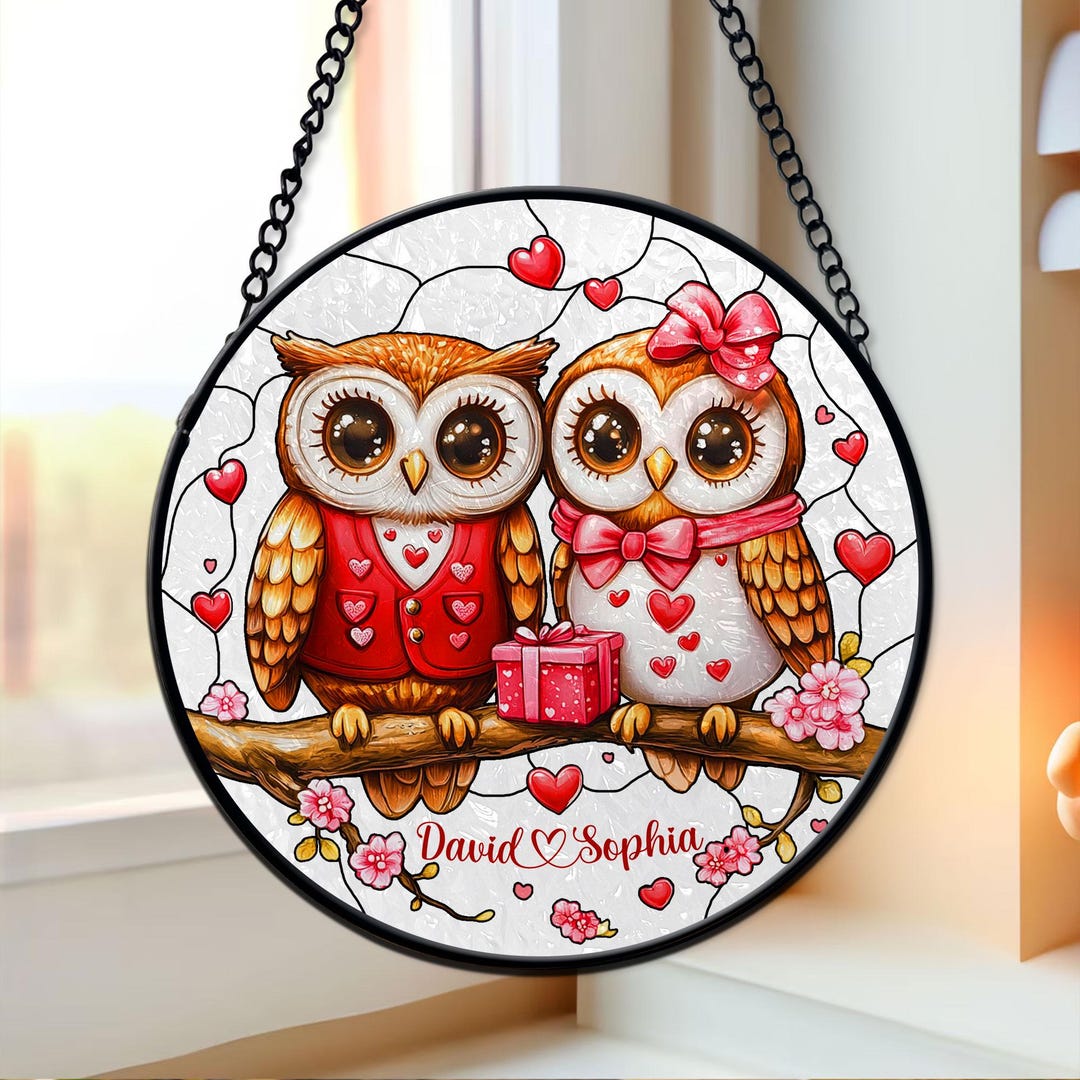 Personalized Couple Owls Faux Stained Glass Suncatcher, Owl Window ...