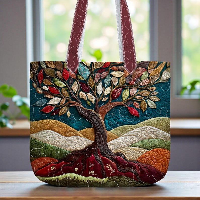 Tree of Life Quilt Tote Bag, Quilted Art Bag With Colorful Leaves ...