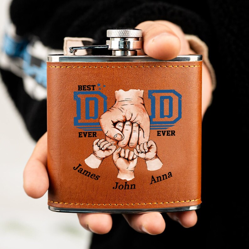 Custom Fist Bump Dad Kids Leather Flask, Father's Day Gift for Best Dad ...