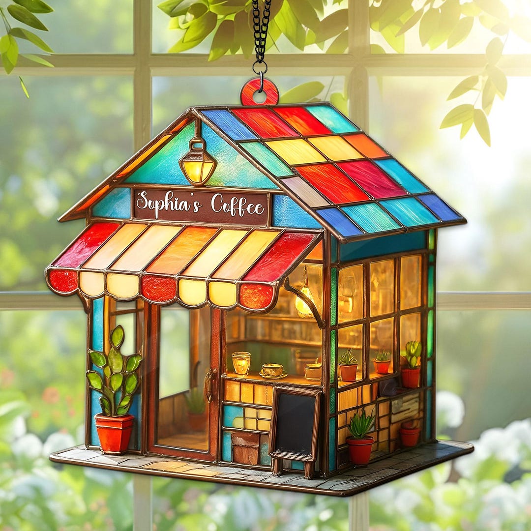 Faux Stained Glass Coffee Shop Suncatcher, Custom Acrylic Café Ornament ...