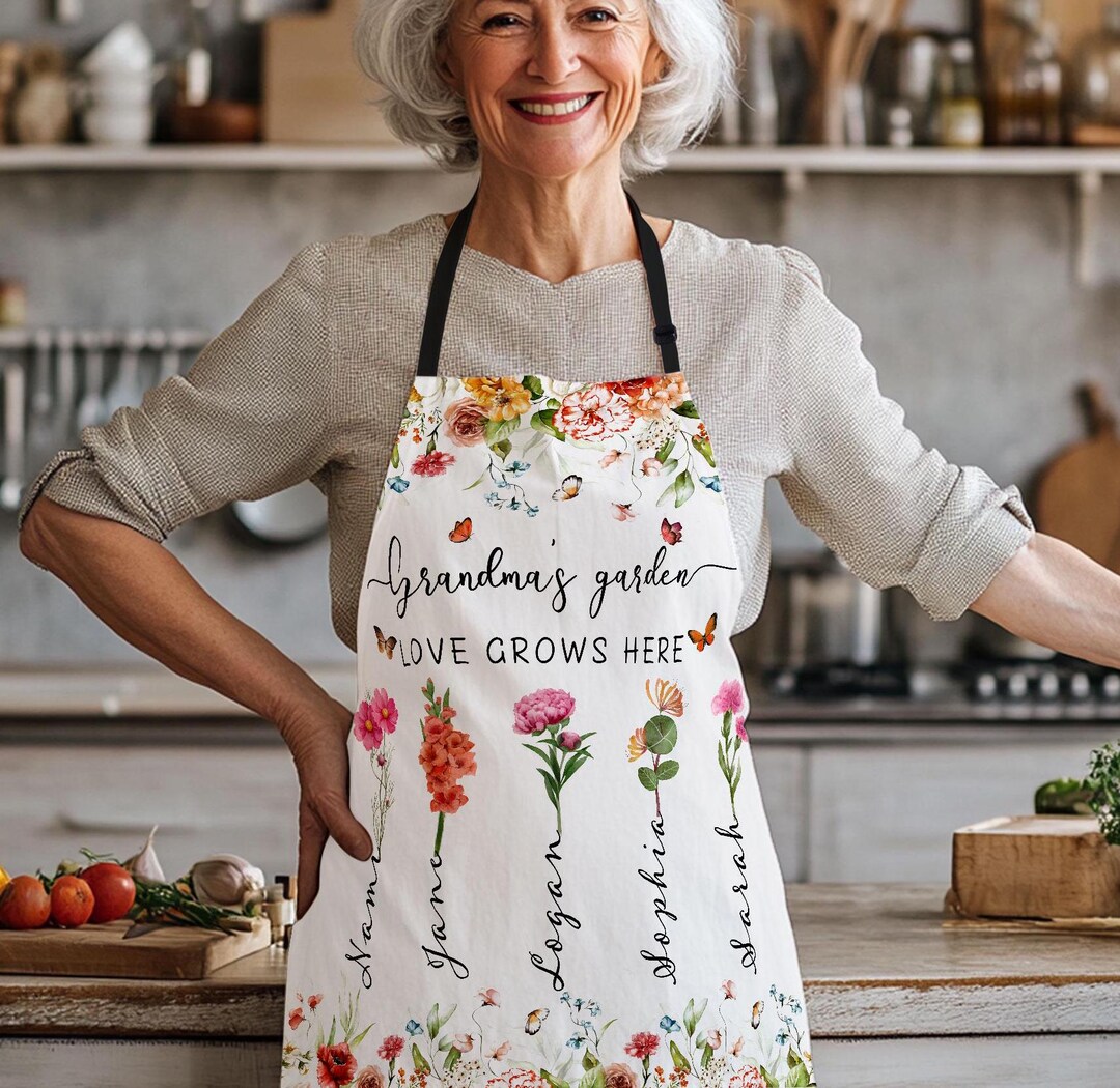 Personalized Grandma Apron, Mom Apron, Custom Birth Month Flowers Mom's ...