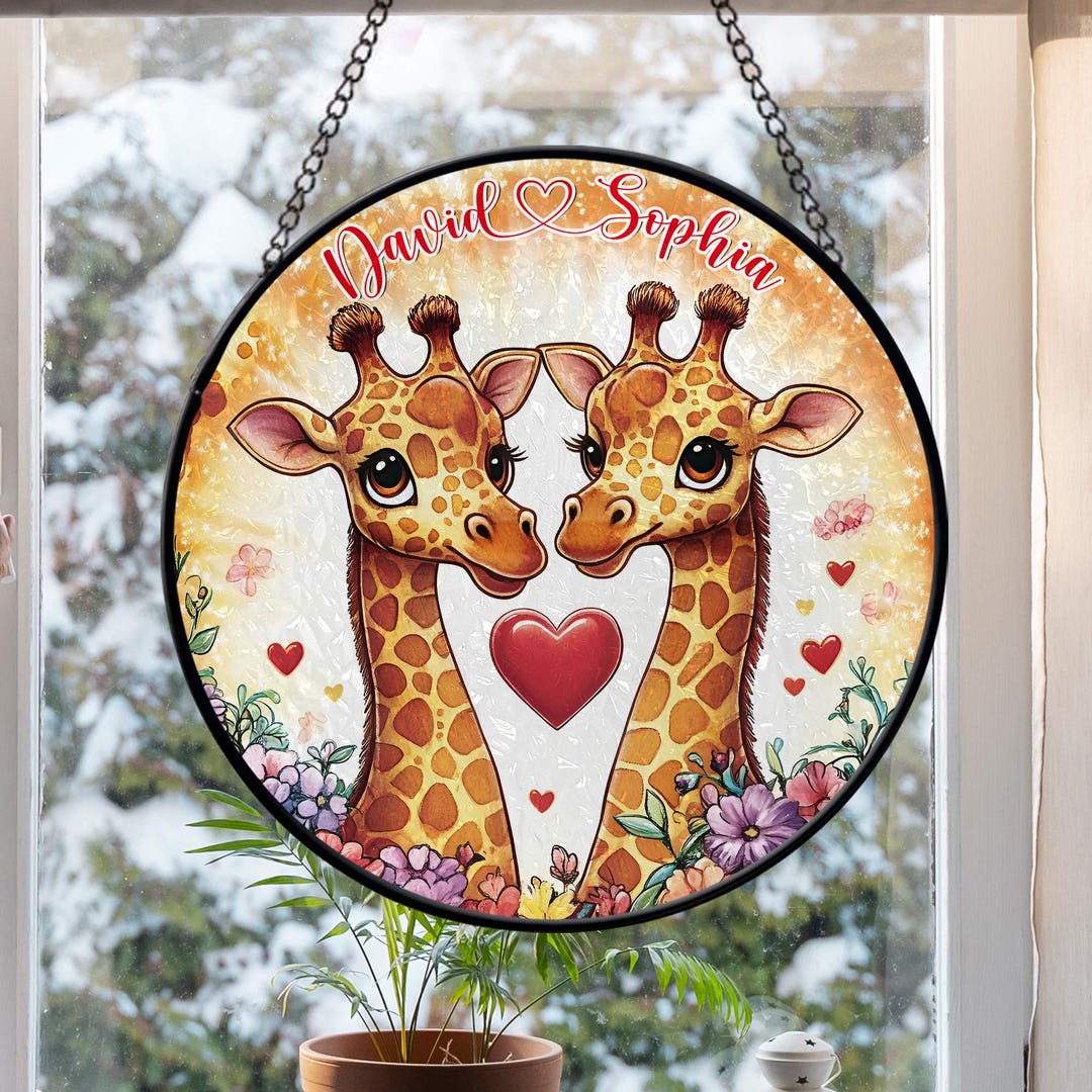 Personalized Couple Giraffes Faux Stained Glass Suncatcher, Giraffe ...