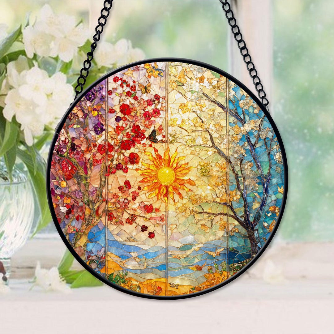 Four Seasons Faux Stained Glass Suncatcher, Window Hanging Decor ...