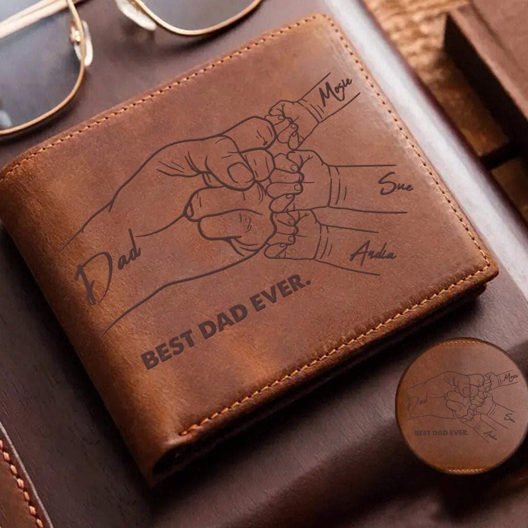 Personalized Dad and Kids Hands Engraved Leather Wallet, Father's Day ...