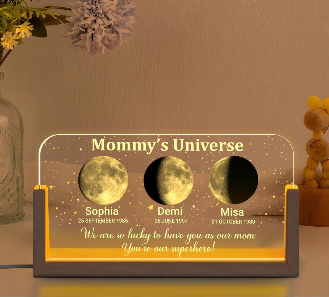 Personalized Mommy's Universe LED Light With Wooden Base, Custom Moon ...