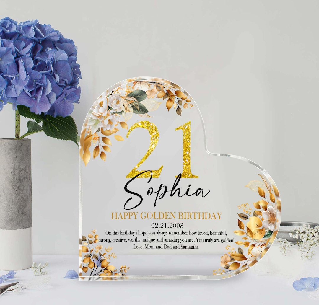 Personalized Golden Birthday Heart Acrylic Plaque, Golden Birthday ...