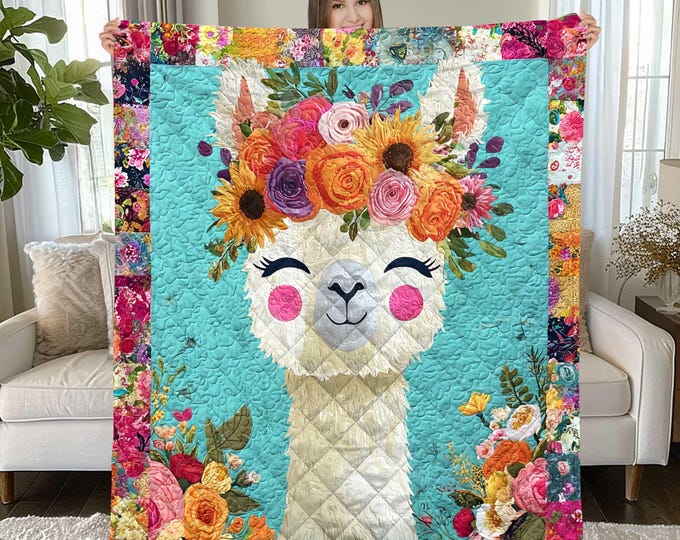 Floral Llama Quilt Blanket, Cute Alpaca Bedding With Flower Crown, Boho ...