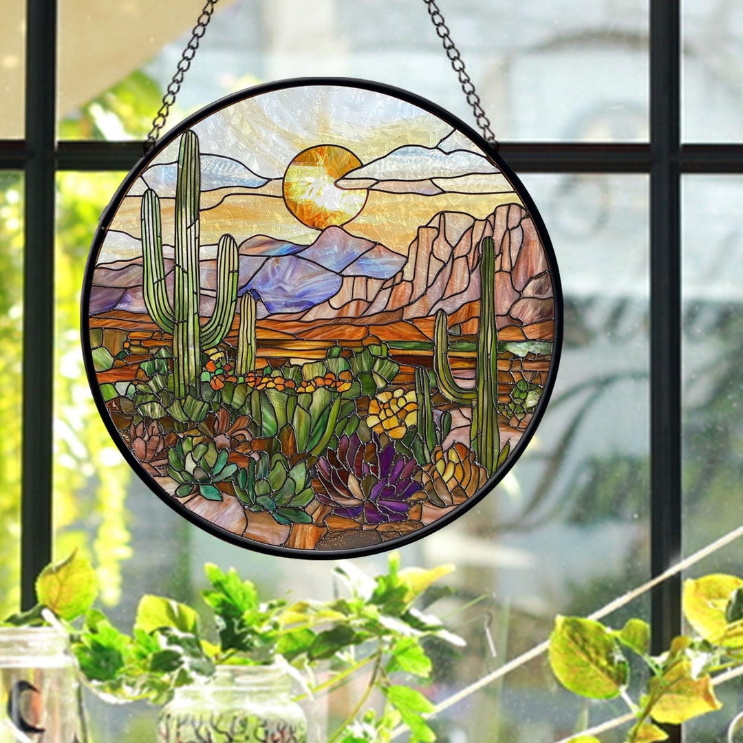 Desert and Cactus Faux Stained Glass, Sunset Suncatcher, Window Hanging ...