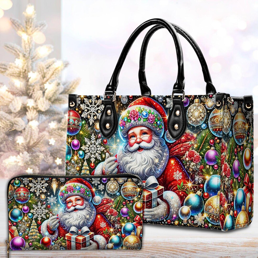 Christmas Santa Claus Faux Rhinestone Leather Handbag, Christmas Woman ...