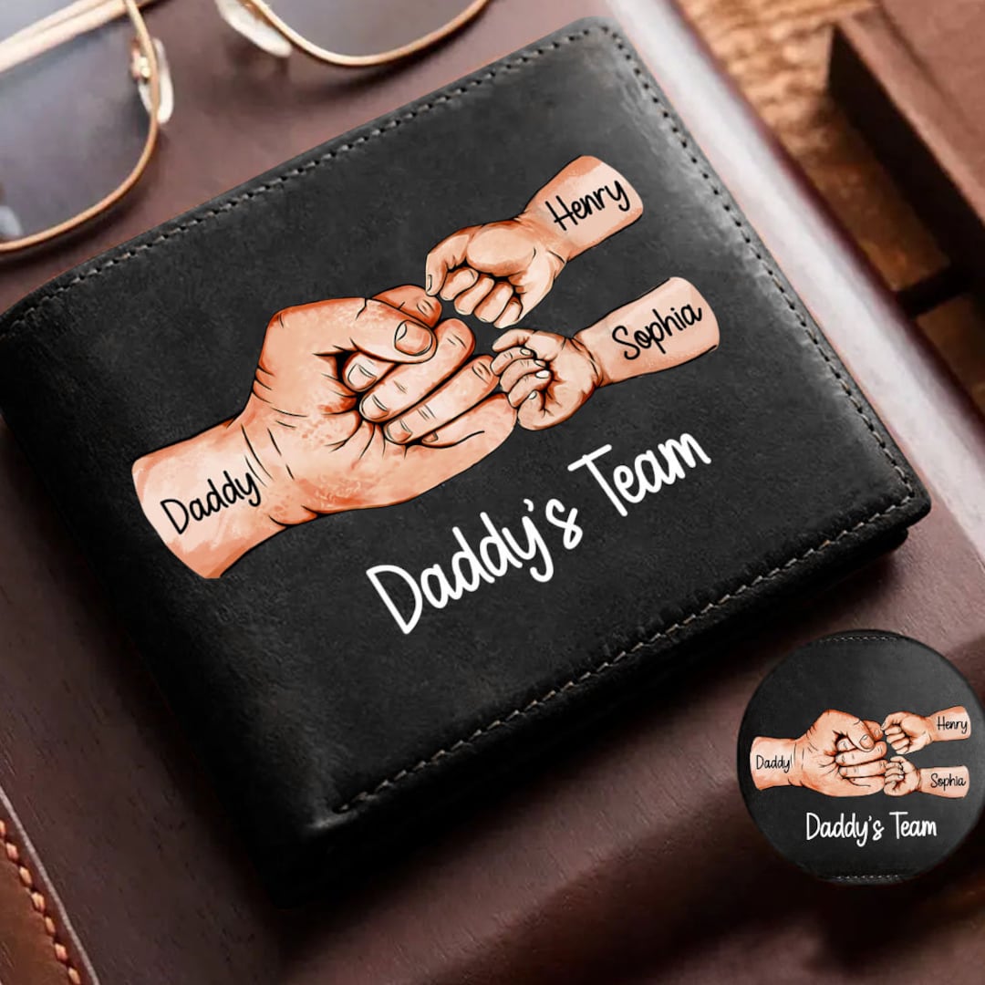 Personalized Kids Name Leather Wallet, Custom Daddy's Team Fist Bump ...