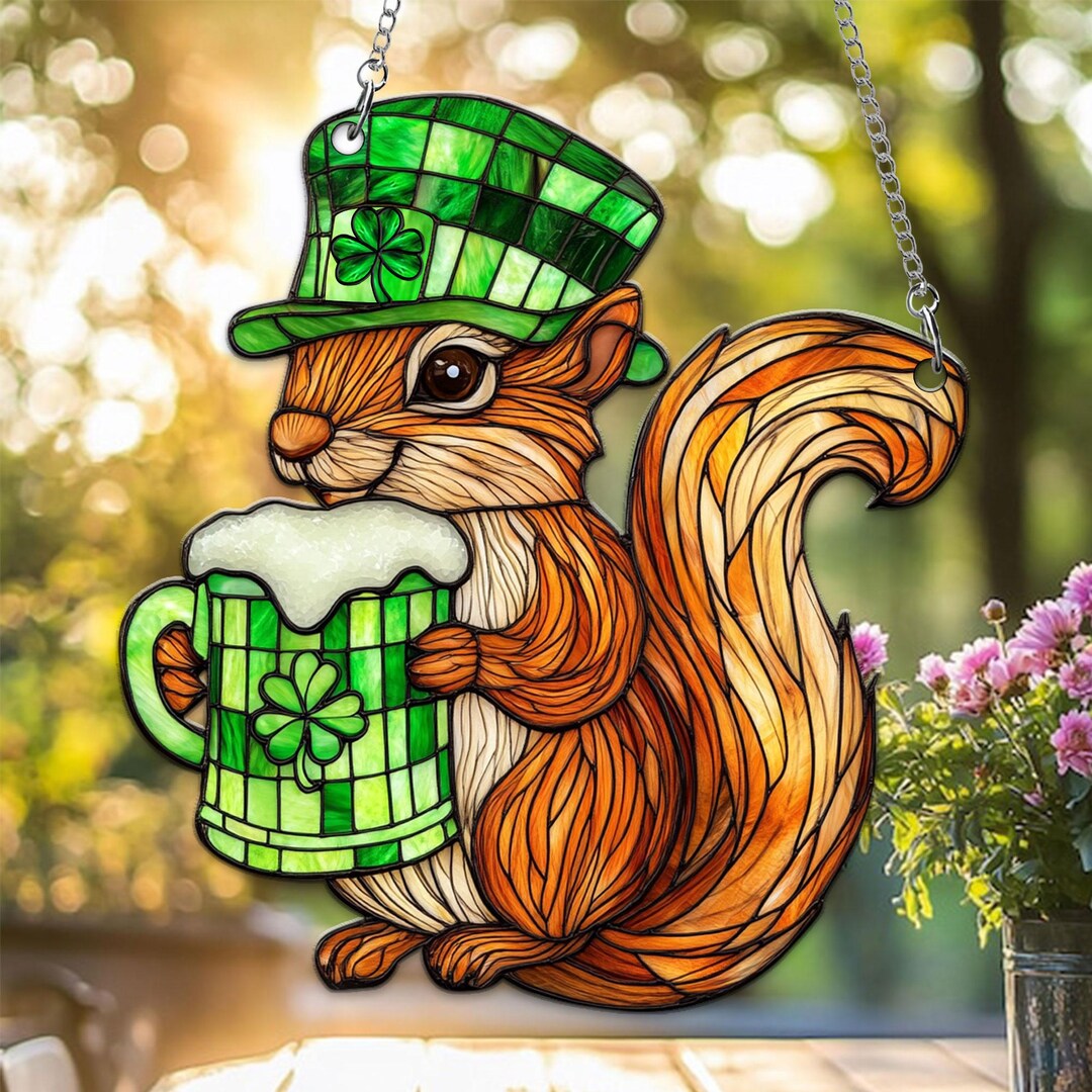Squirrel St Patrick's Day Acrylic Window Hanging, Squirrel Window Decor ...